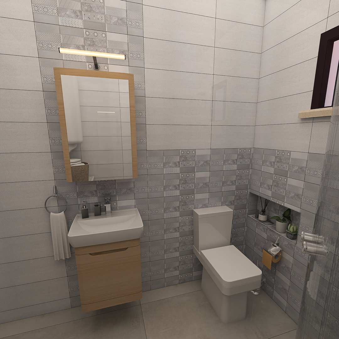 Moderno kupatilo sa nameštajem u boji drveta – Nameštaj od medijapana ...