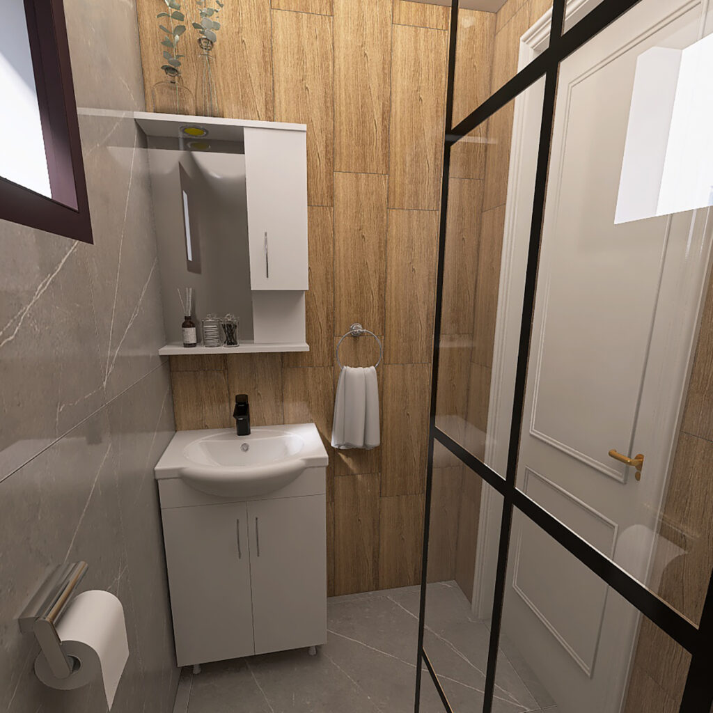 Uredjenje malog kupatila kombinacijom pločica u stilu mermer-drvo ...