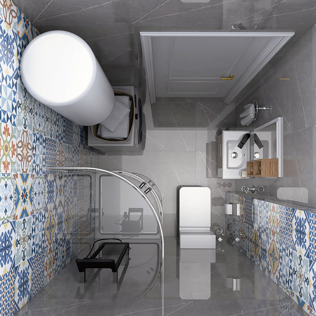 Moderno kupatilo | Kombinacija sivih i šarenih pločica