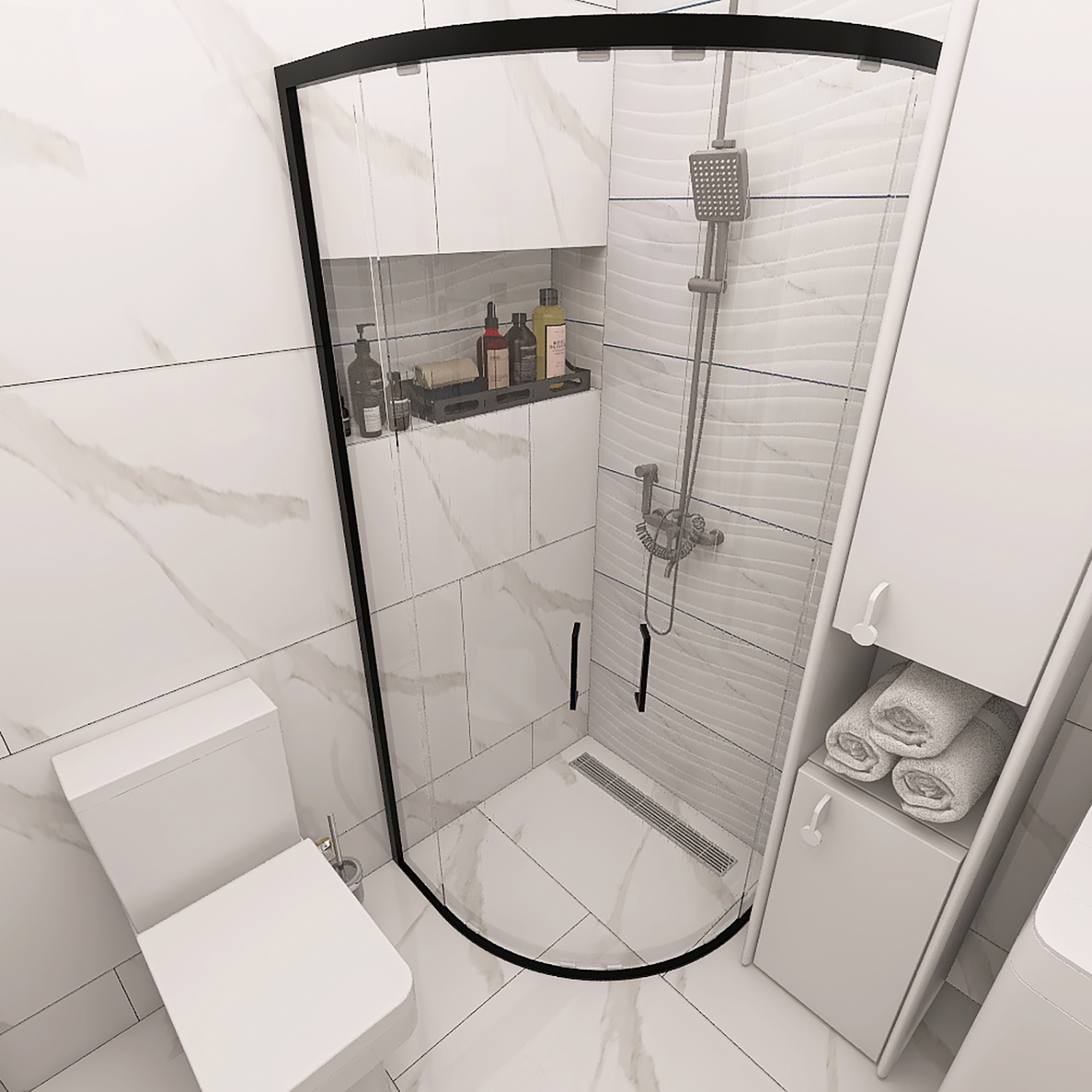 Uredjenje kupatila pločicama u belim tonovima sa šarom mermera – Eco Quat TKP black | Ceramica ABR